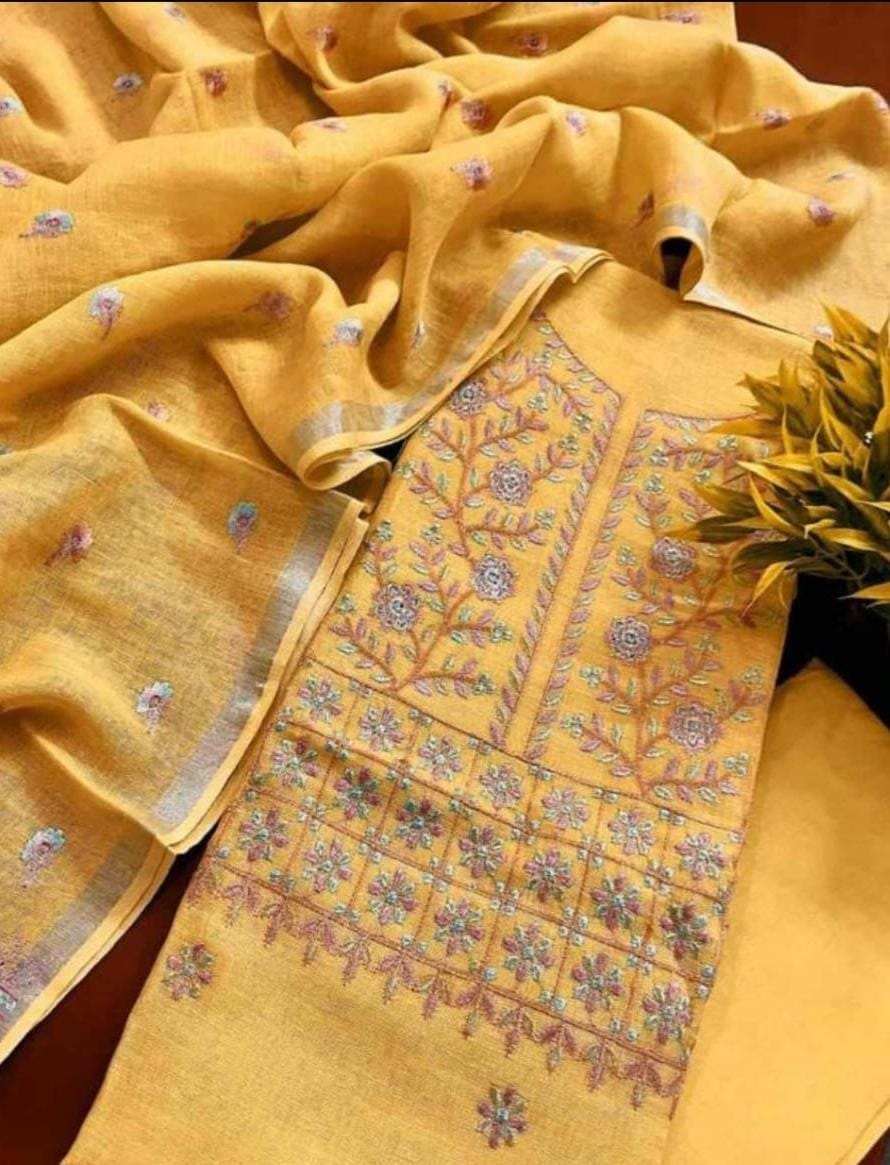 Indiehaat | Pure Linen Embroidered Suit Piece Mustard Yellow Color (Top ...